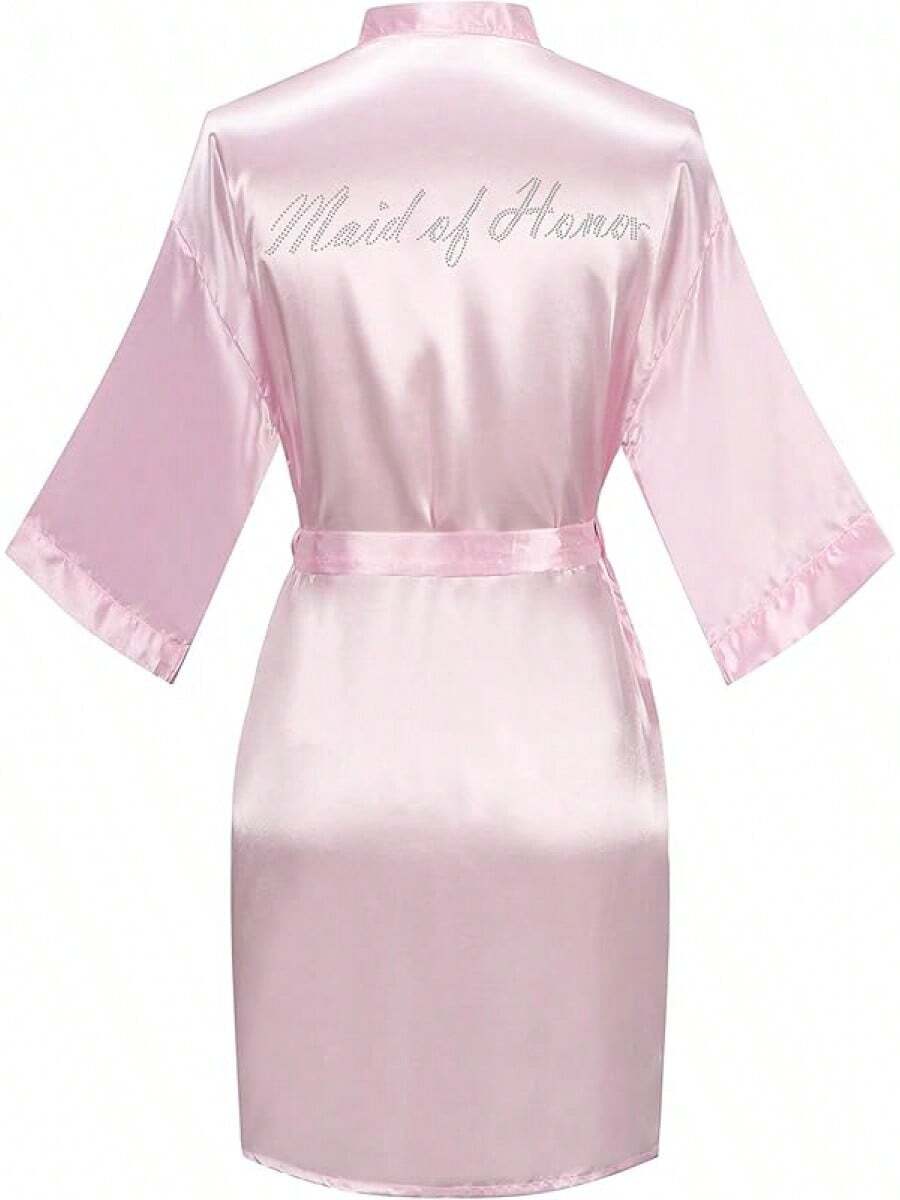Women's Satin Kimono Robe With Silver Rhinestones Bride Bridesmaid ...