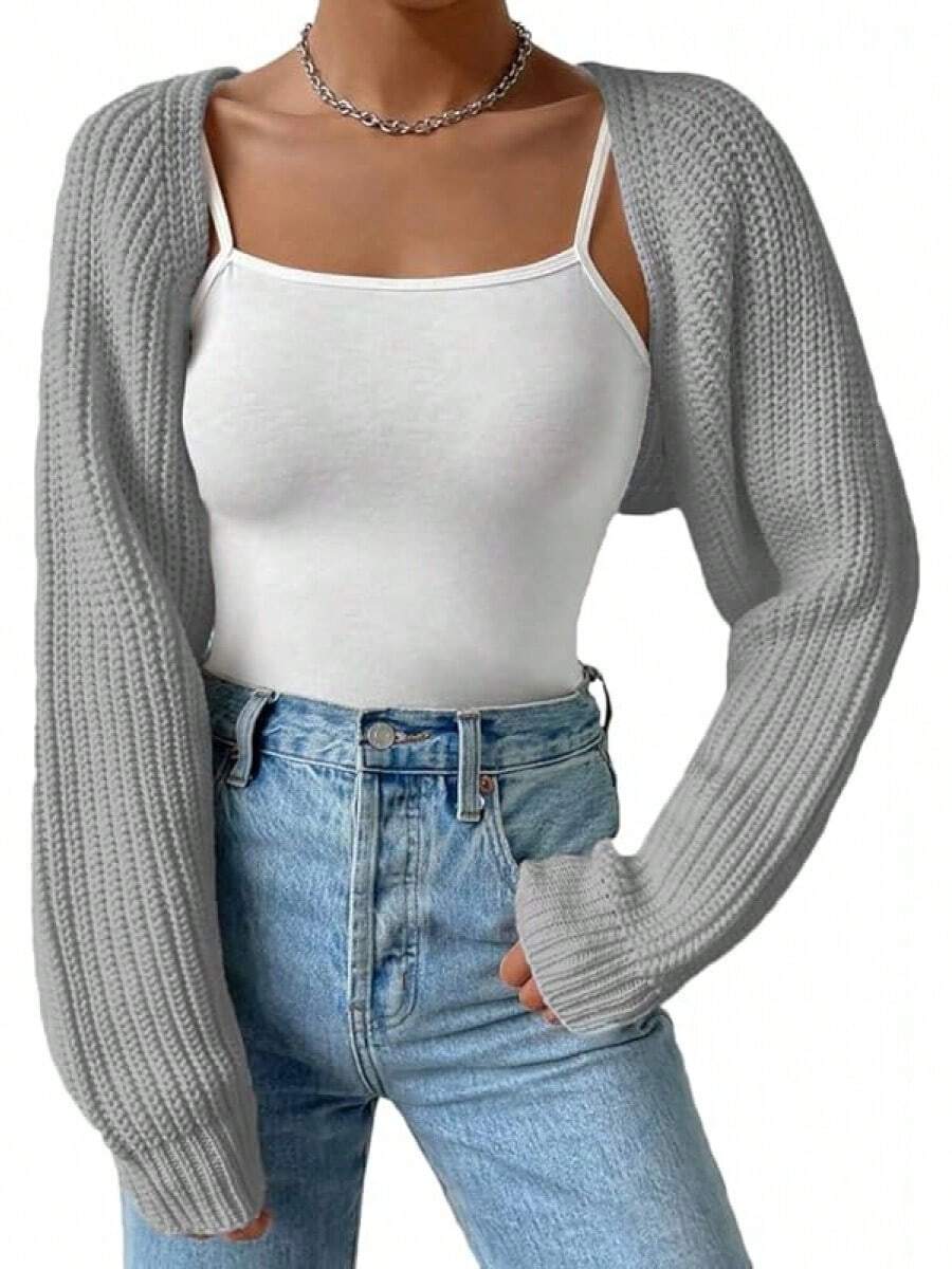 Women Open Front Ribbed Knit Crop Bolero Drop Shoulder Long Sleeve ...