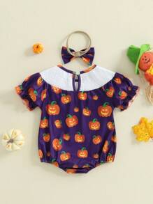 Baby Girls Rompers Halloween Clothes Letter Embroidery Pumpkin Print Short Sleeve Bodysuits ...
