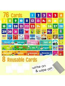 Calendar Pocket Chart, Classroom Monthly Pocket Chart With 76 Cards (68 ...