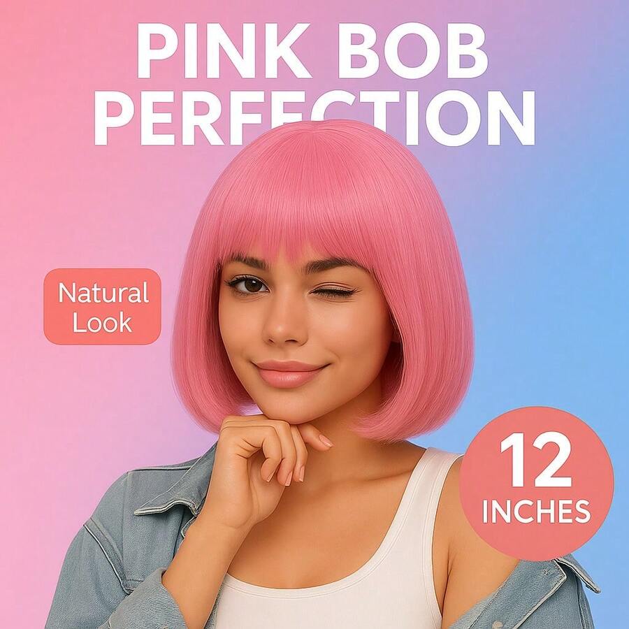 Short Pink Bob Wig Headgear Fluffy Short Straight Bob Wig With Bangs ...