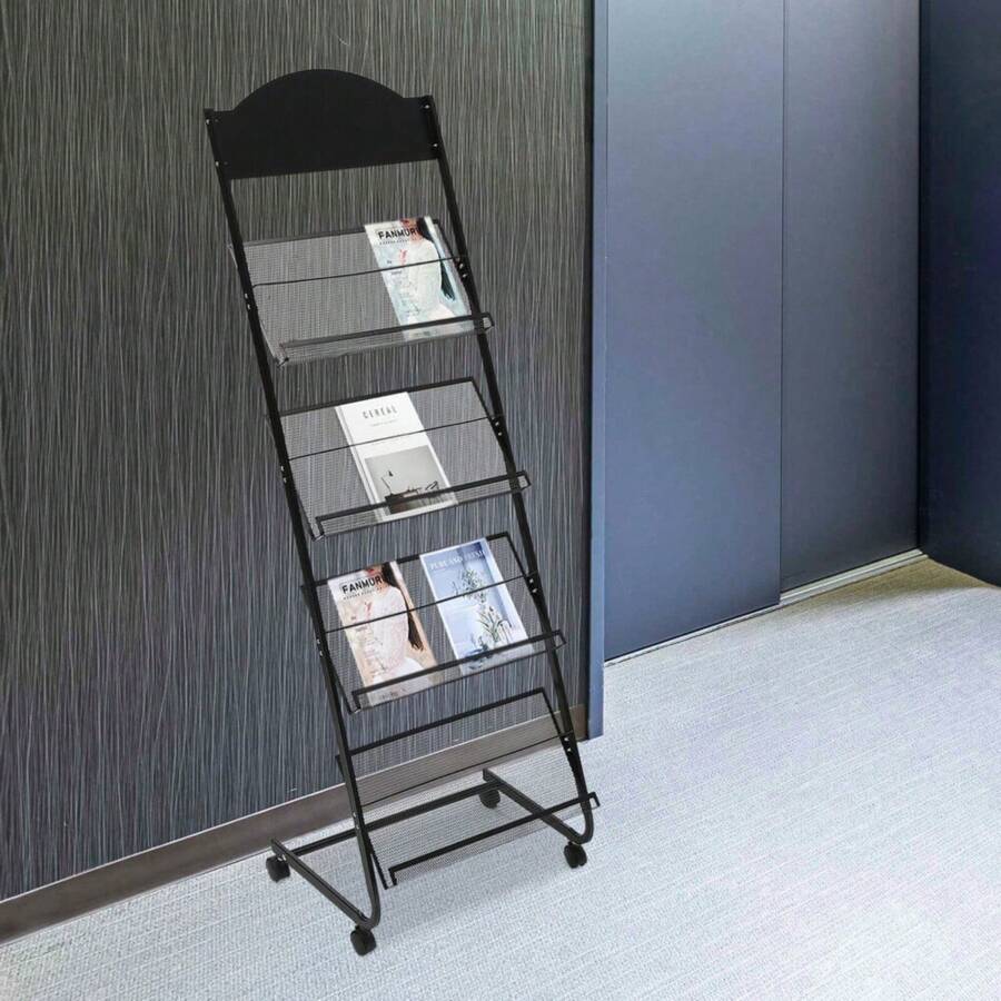 4-Tier Metal Wheeled Magazine Book Rack Newspaper Brochure Storage ...