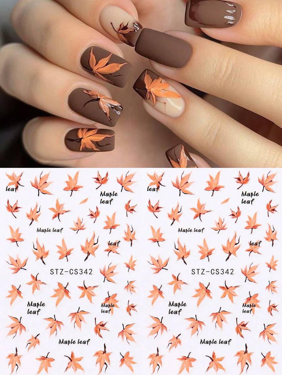 2 Sheets Fall Nail Stickers For Nail Art 3D Maple Leaf Nail Decals Self ...