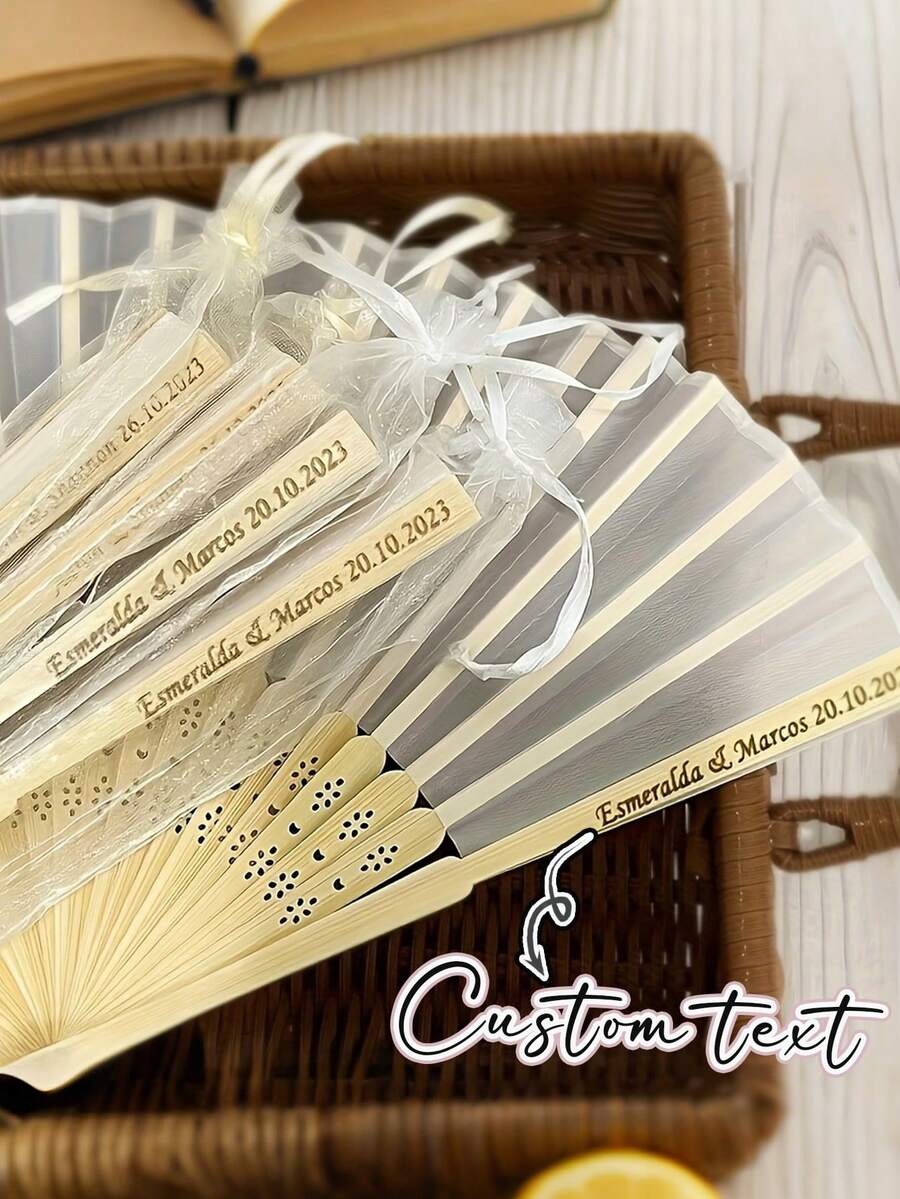 Customized White Fabric Hand Fan With Organza Bag, Can Be Engraved With ...