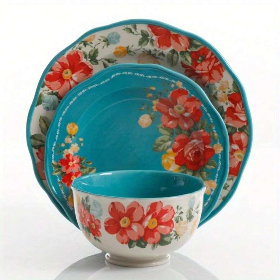 12-Piece Teal Stoneware Dinnerware Set With Floral Design Plates And ...