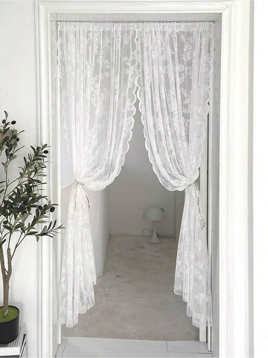 Room Decor 1pc Flower Embroidered Lace Door Curtain, Lace Fabric Door ...