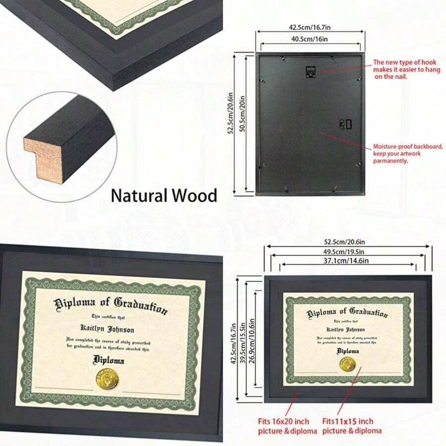 Picture Frame 11x15 Diploma Frame With Black Mat Solid Wood Displays ...