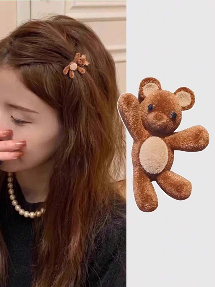 1Pc Cute Little Bear Hair Clip, Velvet Hair Clip, Women's New Style ...