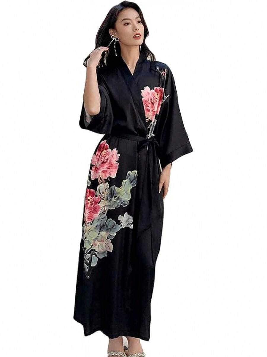 Women's Long Satin Kimono Robe Loose Cover-Up Flower Print Silk ...