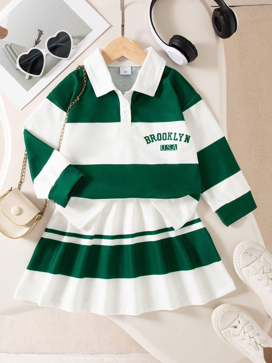 2pcs/Set Girls Casual Letter & Striped Print Half-Open Collar Drop ...