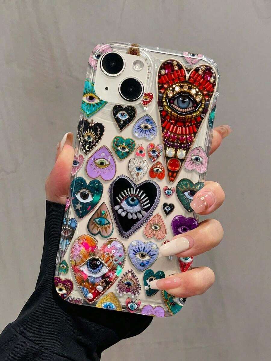 Heart 1pc Feather & Rhinestone Eye Pattern TPU Shockproof Phone Case ...