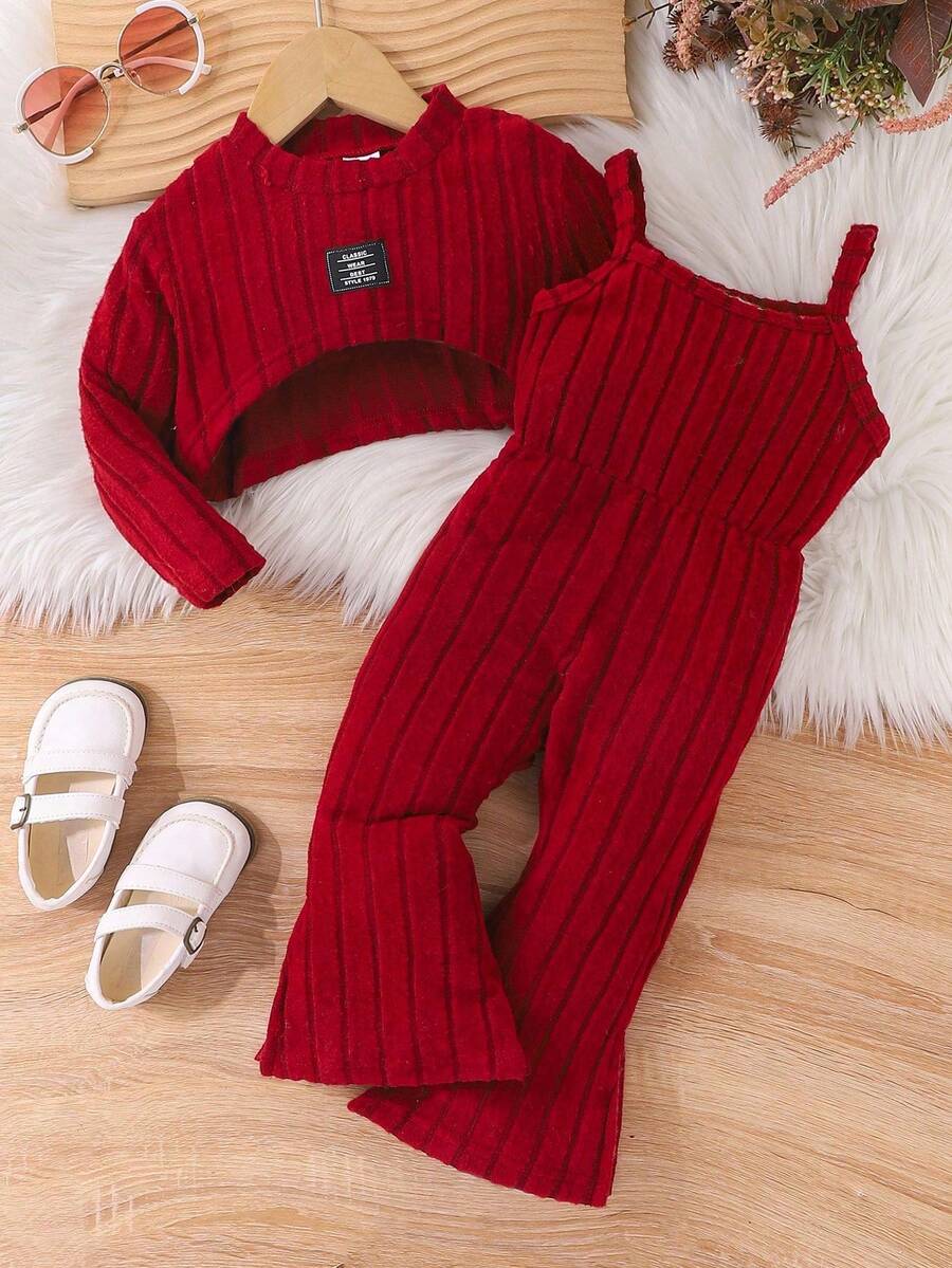 2pcs Girls Casual Ribbed Knit Cover Up Tops + Suspender Flared Pants ...