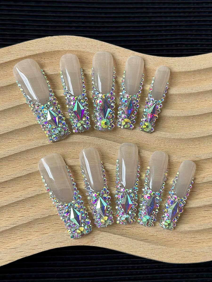 45MM Extra Long Square Nails French Handmade Press-On Nails With Solid ...