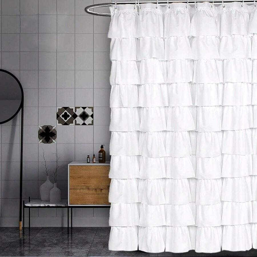 TZYWhite Shower Curtain Fabric Ruffle For Bathroom70in Long | SHEIN USA