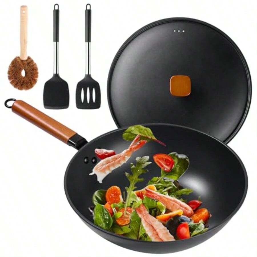 Wok Pan With Lid 13 Nonstick Wok Carbon Steel Woks StirFry Pans With ...