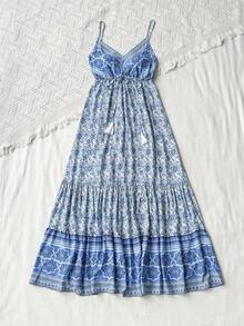 Rusttydustty Vestido largo con tirantes de espagueti con estampado ...