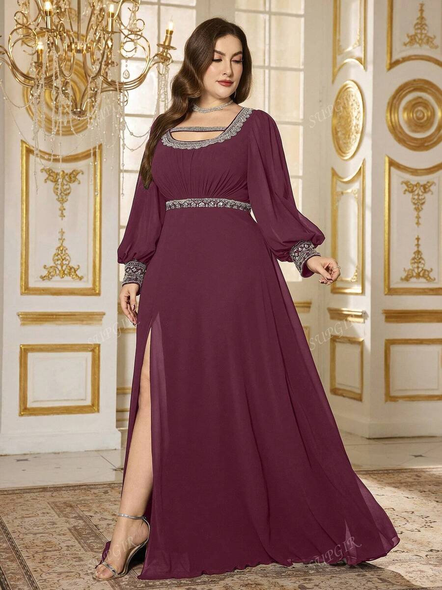 SUPGIR Square Neck Long Sleeve Luxury Sequin Decor Gathered Waist High ...