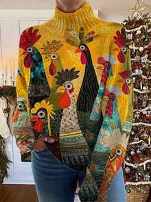 Turkey Art Print Knit Turtleneck Pullover Sweater | SHEIN USA