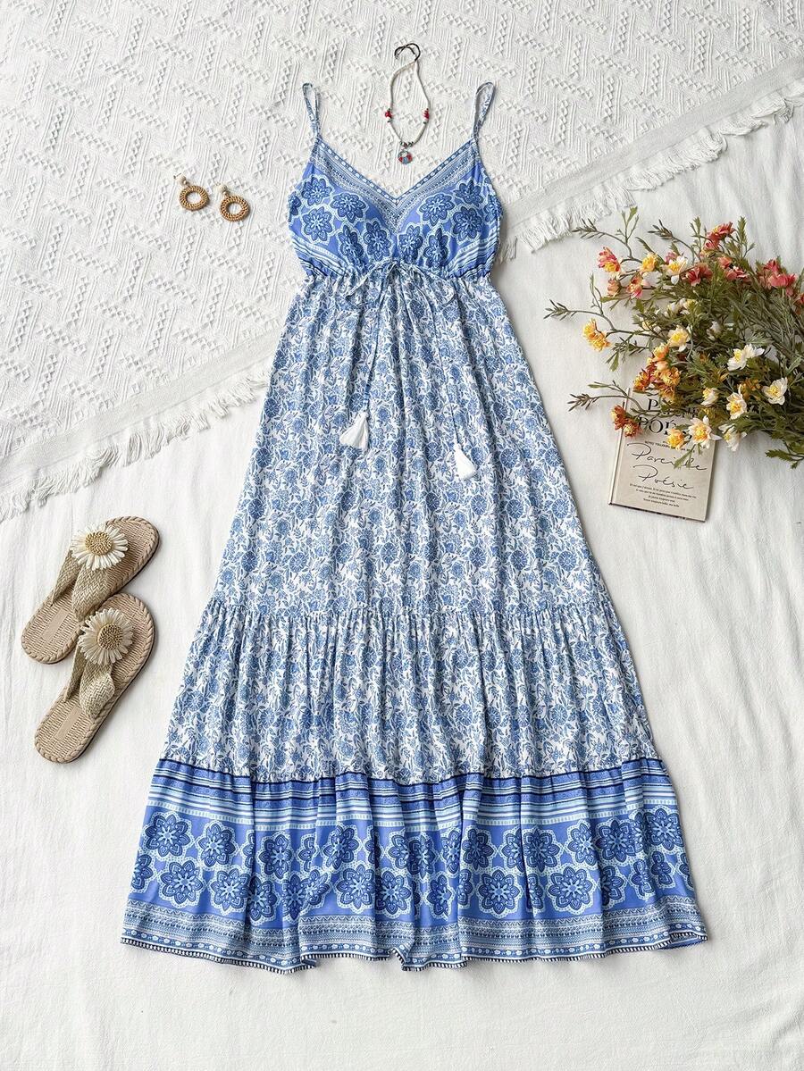 Rusttydustty Vestido largo con tirantes de espagueti con estampado ...