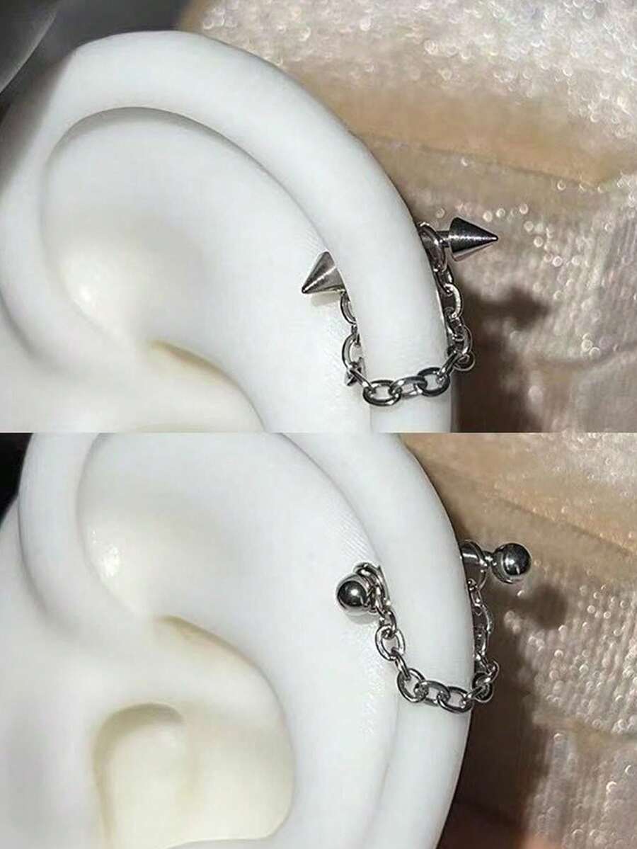 1PC Curved Bar With Removable Chain Stainless Steel Earrings Helix Piercing Silver Helix ...