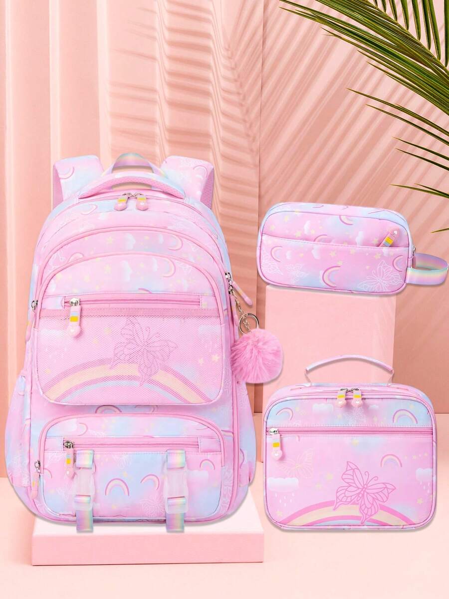 Kawaii Backpack Rainbow & Butterflies Bookbag For Teen Girls, 3PCS Kids ...
