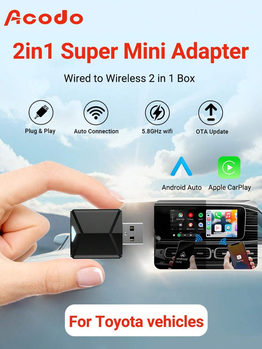 Acodo Acodo 2025 New Mini Wired To Wireless 2-In-1 Adapter Wireless CarPlay And Android Auto ...