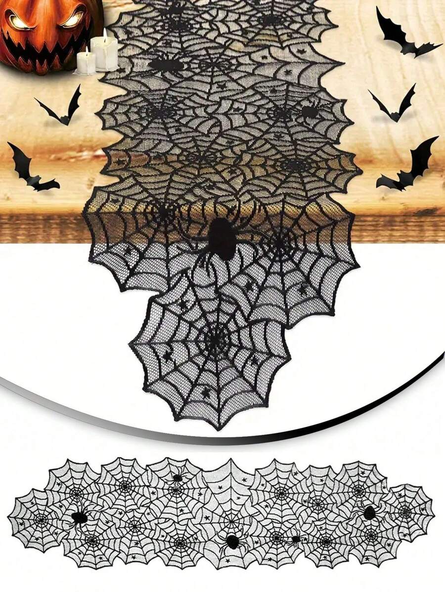1pc Extendable Black Lace Spider Web Tablecloth, Halloween Table Runner With 3D Bats,Black Lace ...