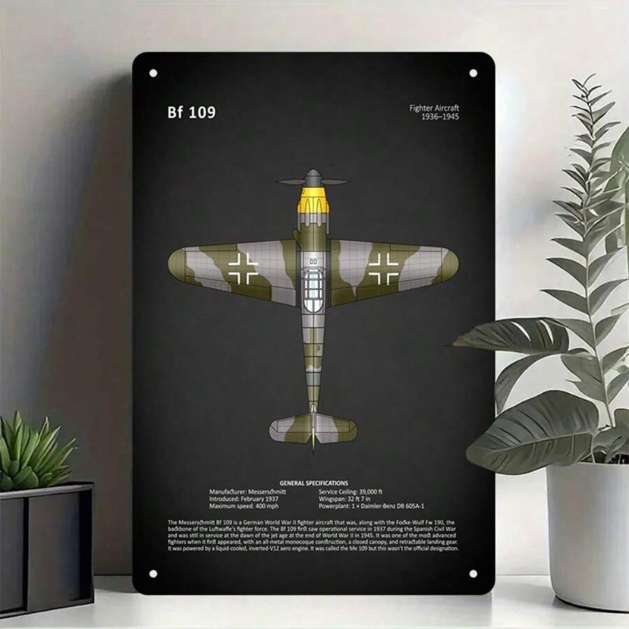 1PC Bf 109 Fighter Aircraft Metal Sign, Vintage Aviation Wall Art ...