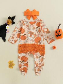 Baby Girl Halloween Outfit Pumpkin Ghost Print Crew Neck Long Sleeve Footed Romper With Headband ...