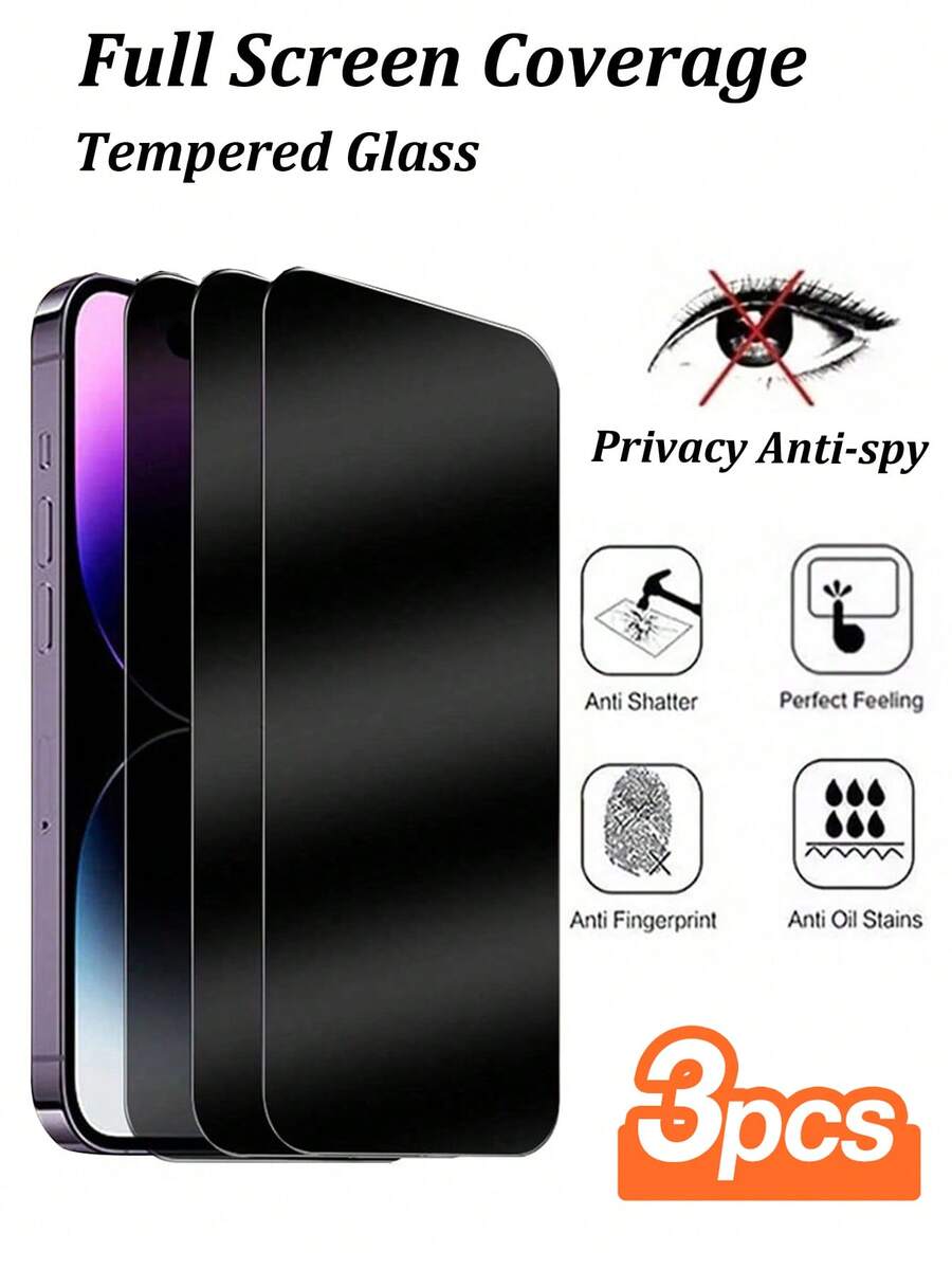3pcs Privacy Anti-Spy Tempered Glass Front Film Phone Screen Protectors ...