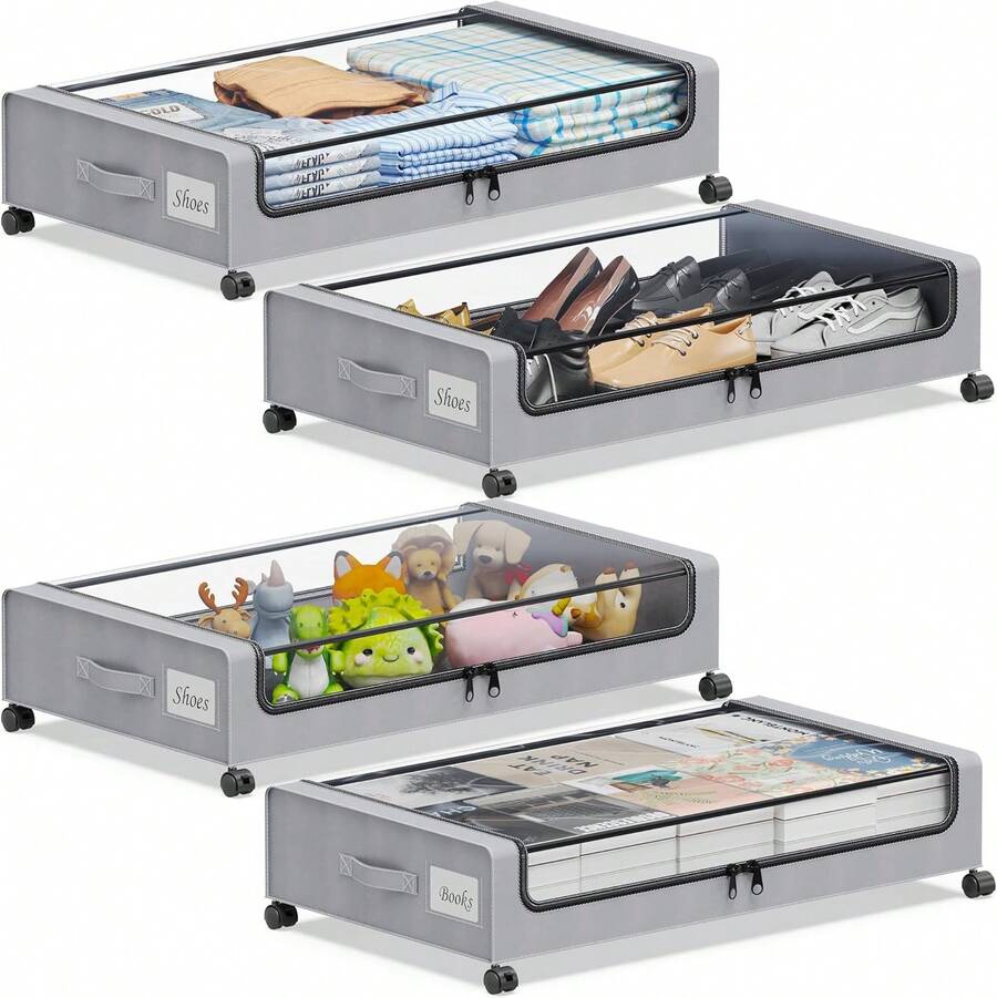 YAASHEEN Under Bed Storage With Wheels, 4-Pack Under The Bed Storage ...