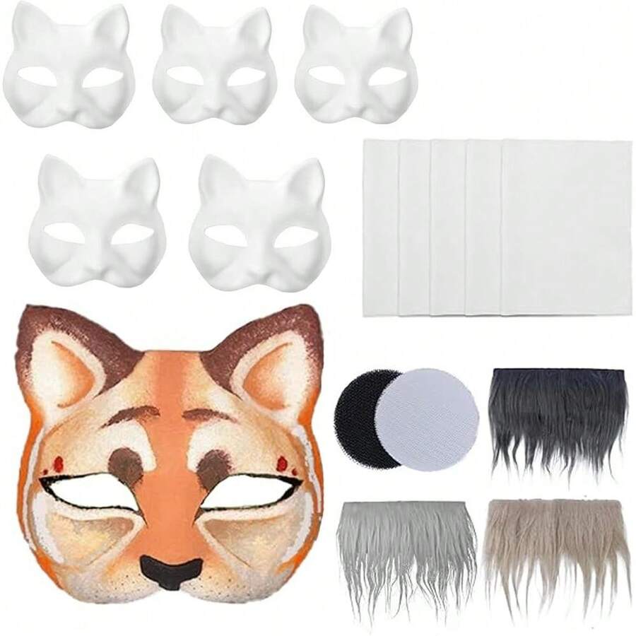 ‌DIY Therian Cat Mask Kit - 5 White Paintable Masks With Faux Fur ...