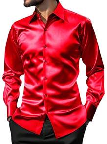 Men's Luxury Shiny Silk Like Satin Button Up Dress Shirts Slim Fit Long ...