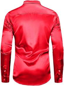 Men's Luxury Shiny Silk Like Satin Button Up Dress Shirts Slim Fit Long ...