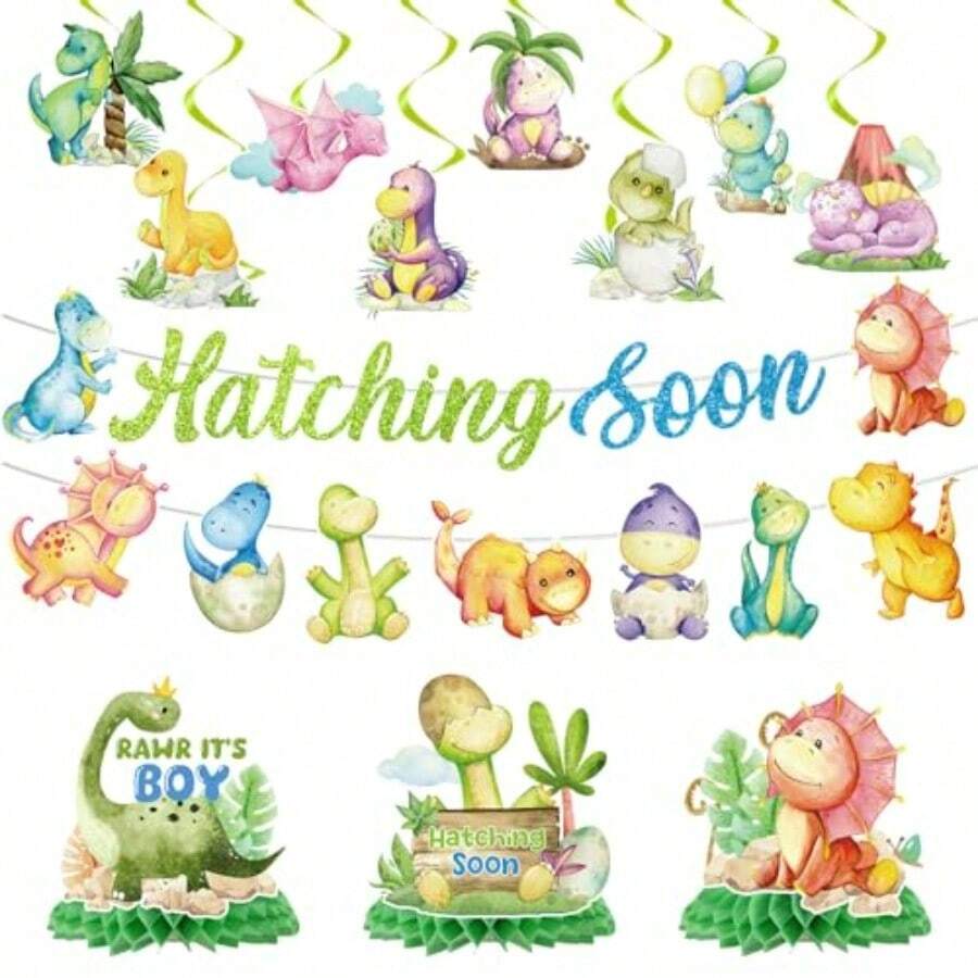LDinosaur Baby Shower Decorations NoDIY Hatching Soon Banners Baby ...
