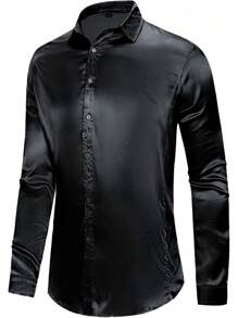 Men's Luxury Shiny Silk Like Satin Button Up Dress Shirts Slim Fit Long ...