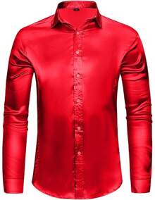 Men's Luxury Shiny Silk Like Satin Button Up Dress Shirts Slim Fit Long ...