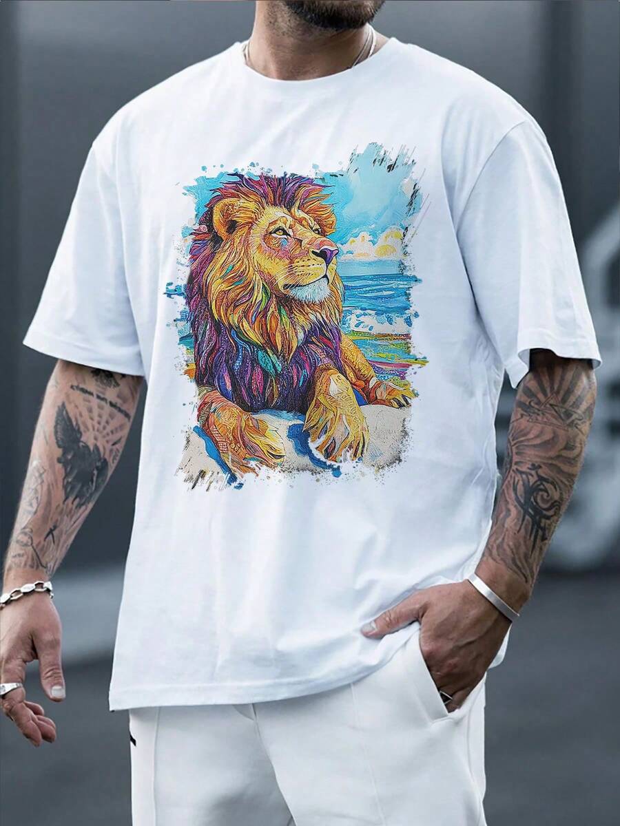 Camiseta con estampado artístico de león para hombre, informal, de ...