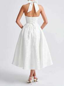 Women Jacquard Halter Dress Elegant Low Cut Sleeveless Open Back A-Line ...