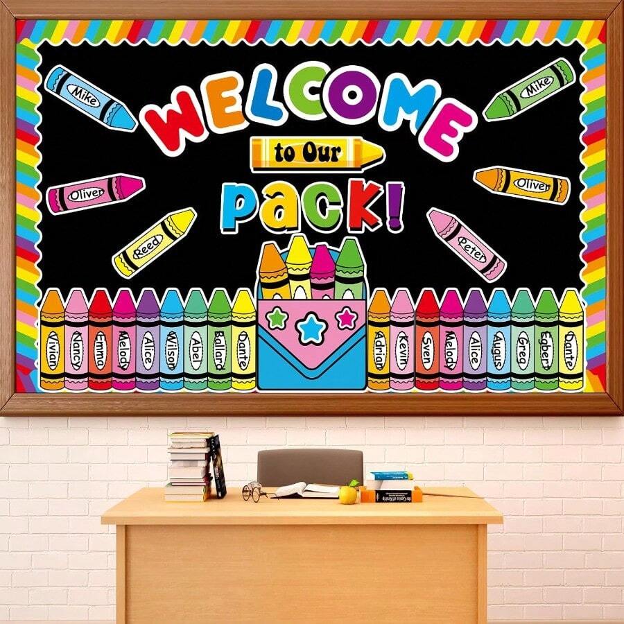 Welcome To Our Pack Bulletin Board Drations Back To School Crayon Theme ...
