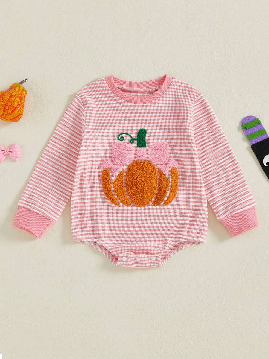 Newborn Baby Girl Halloween Outfit Pumpkin Embroidered Long Sleeve Bubble Sweatshirt Romper My ...