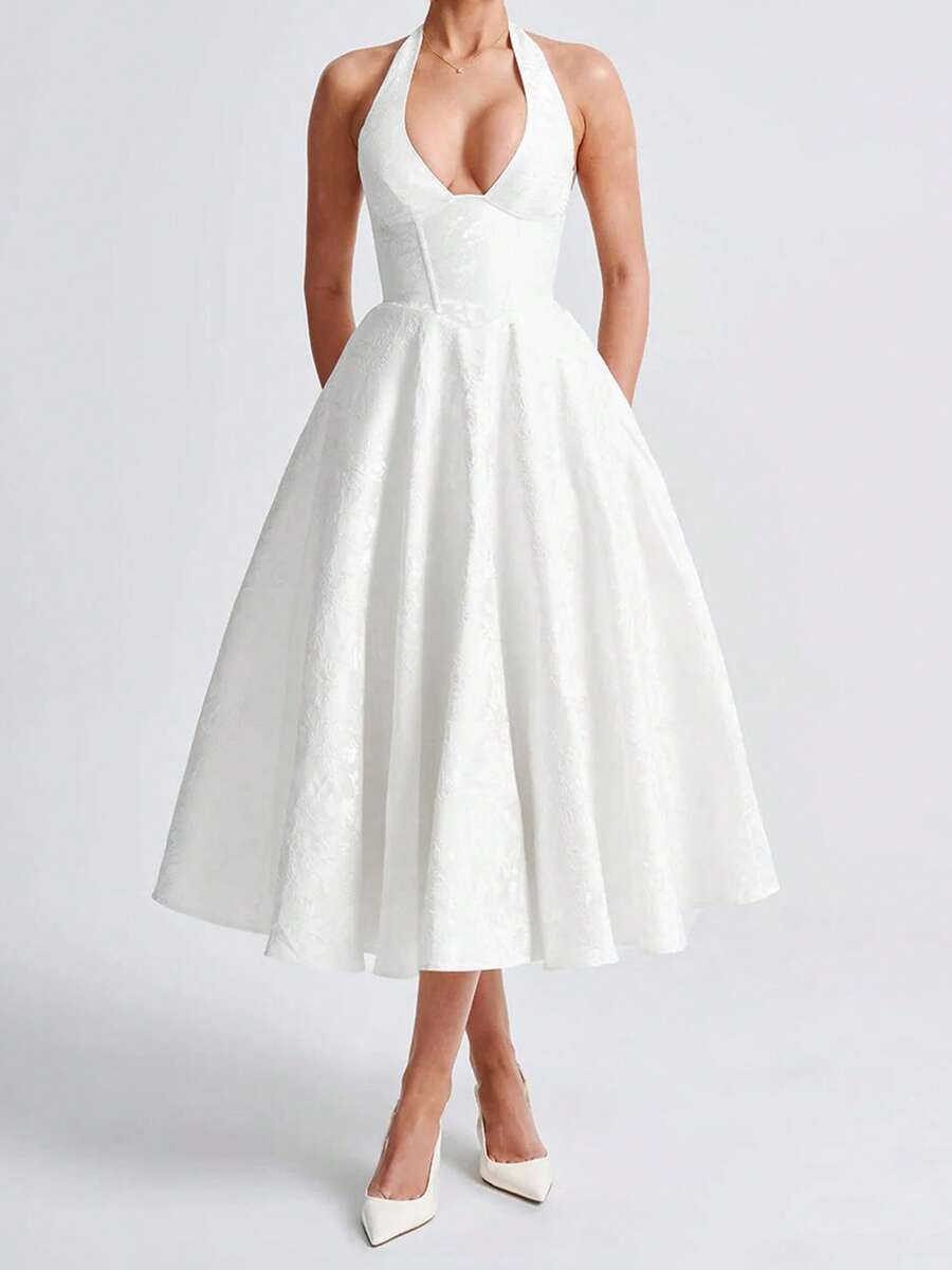 Women Jacquard Halter Dress Elegant Low Cut Sleeveless Open Back A-Line ...