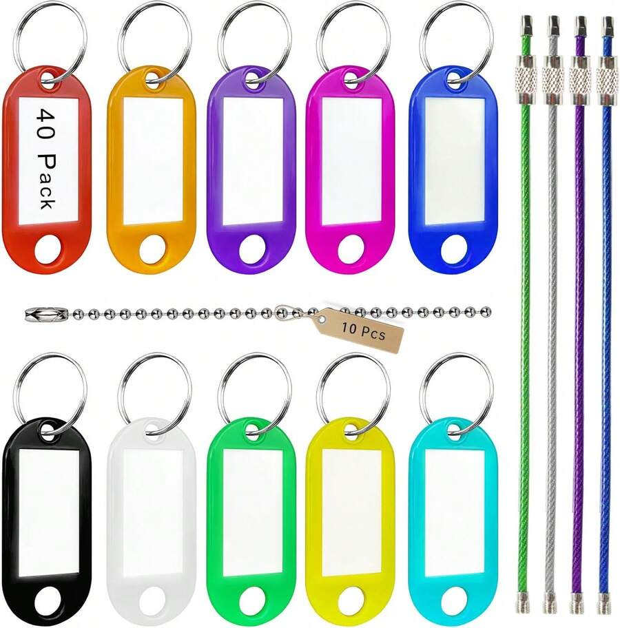 Key Tag Set (40 Plastic Key Labels With 10 Ball Chains & 4 Cable Key ...