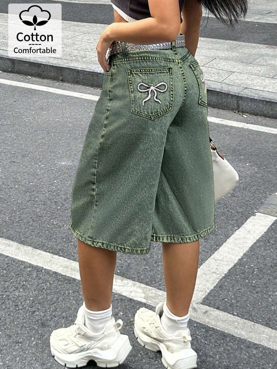 Damen Y2K Baggy Weite Bein Sieben-Punkt Jeans Hose mit Schmetterling ...