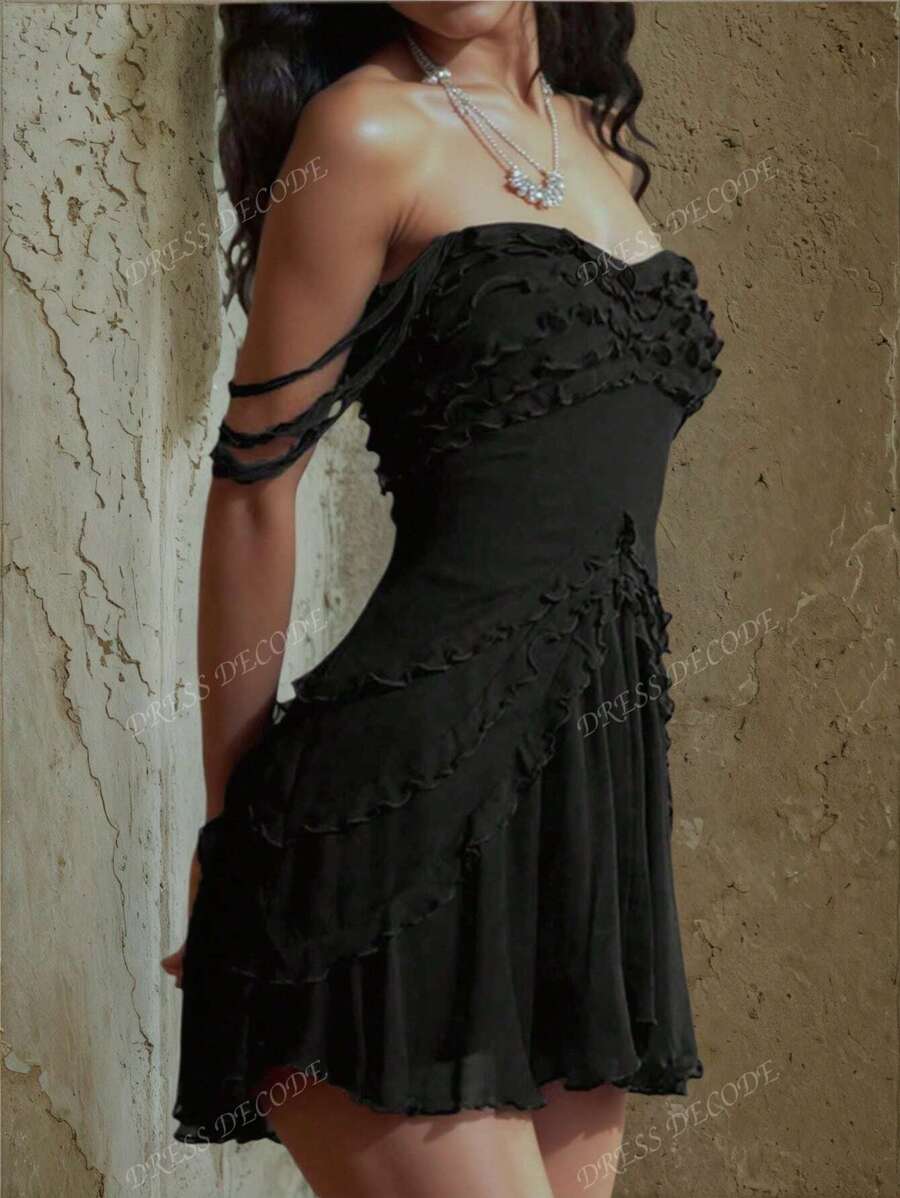 Solid Color Off Shoulder Ruched Asymmetrical Ruffle Hem Sexy Flowy ...