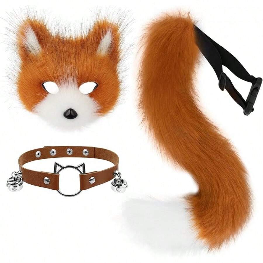 Faux Fur Wolf Fluffy Tail And Leather Necklace Set Halloween Party ...