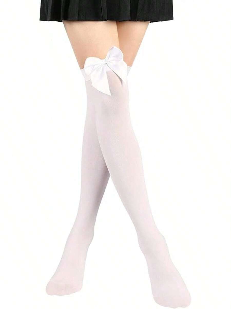 Satin Bow Stockings Women Opaque Thigh High Stockings Over Knee Long ...