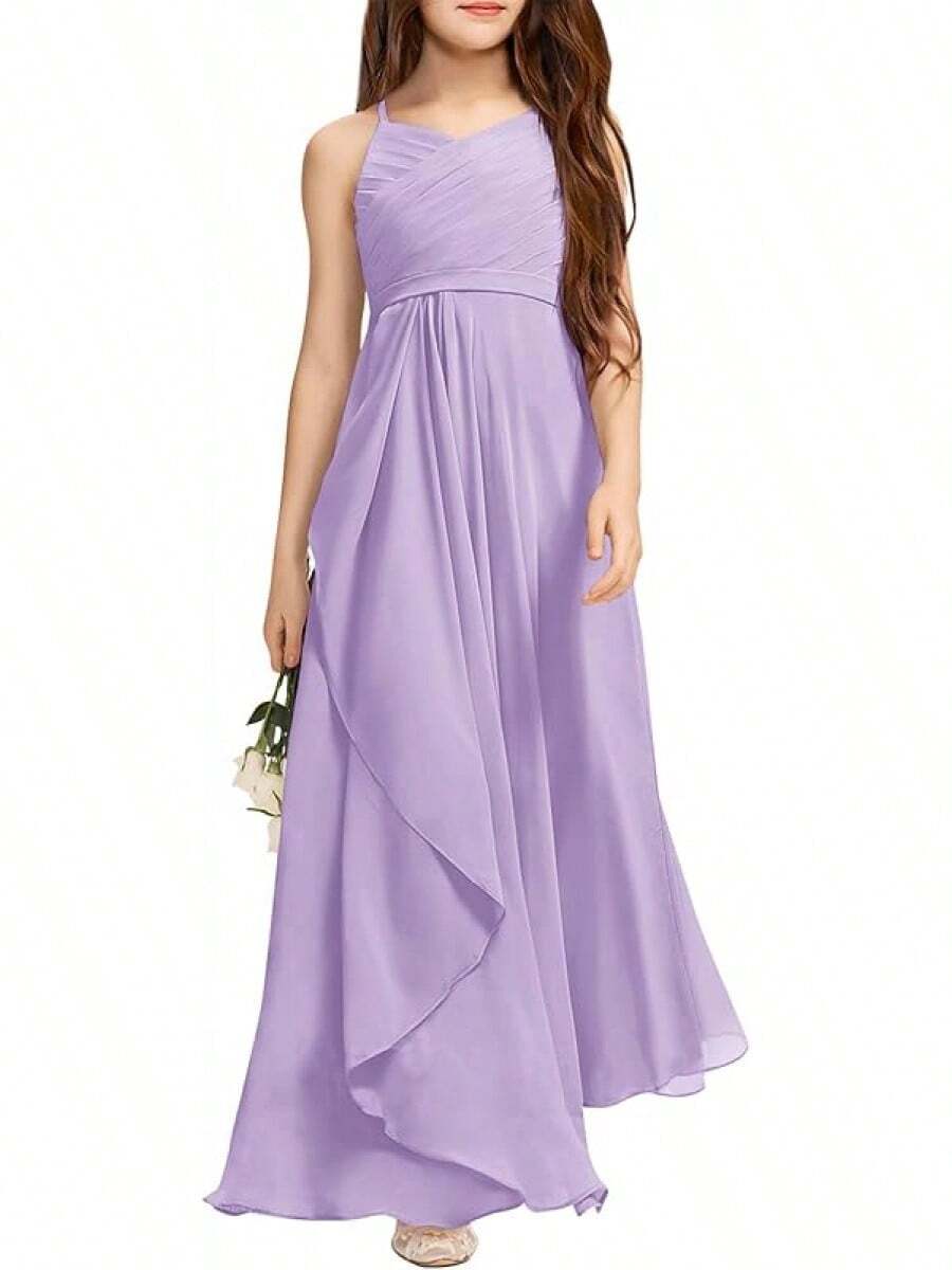 Girls A-Line Halter Dress Junior Bridesmaid Flower Girl Flowy Chiffon ...
