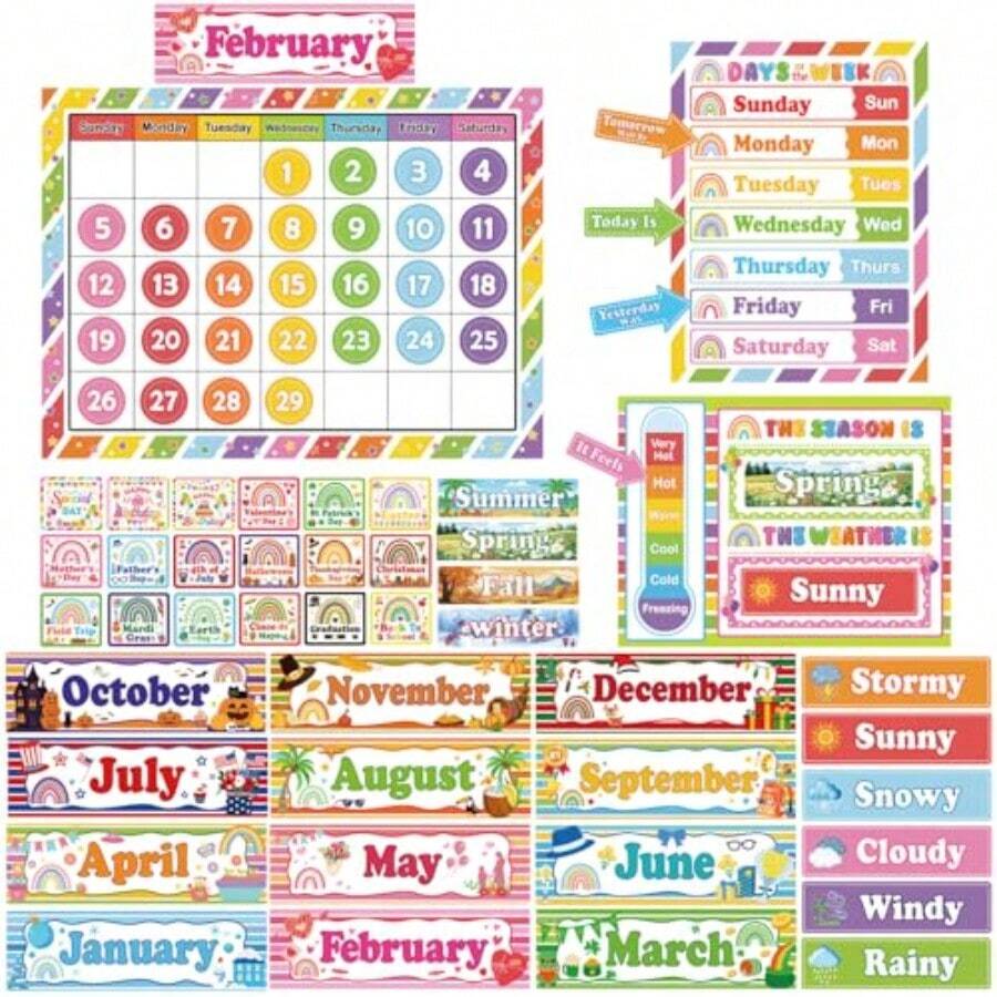 SHUS0087-Classroom Calendar Set Bulletin Board Rainbow Stripes ...