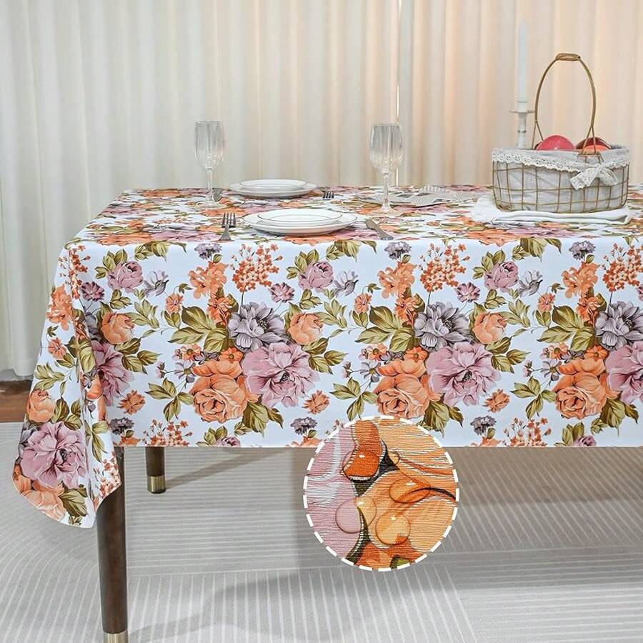 Rectangle Flower Pink Tablecloth, Waterproof Vinyl Table Cloth With ...